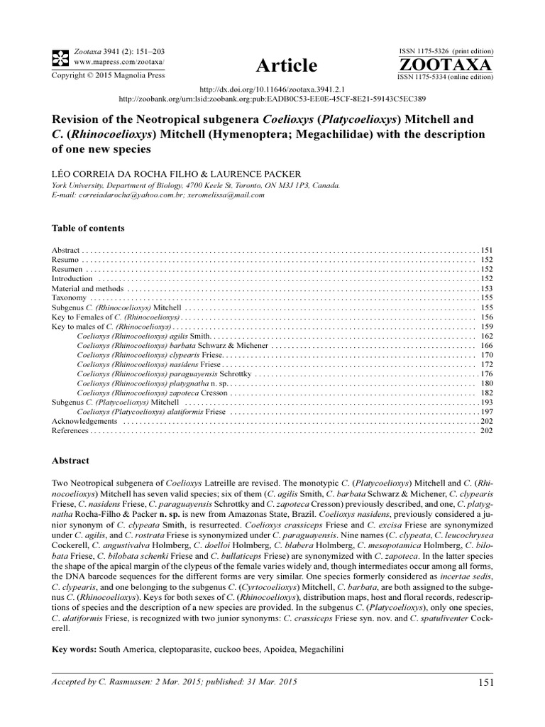 Revision of The Neotropical Subgenera Coelioxys (Platycoelioxys ...
