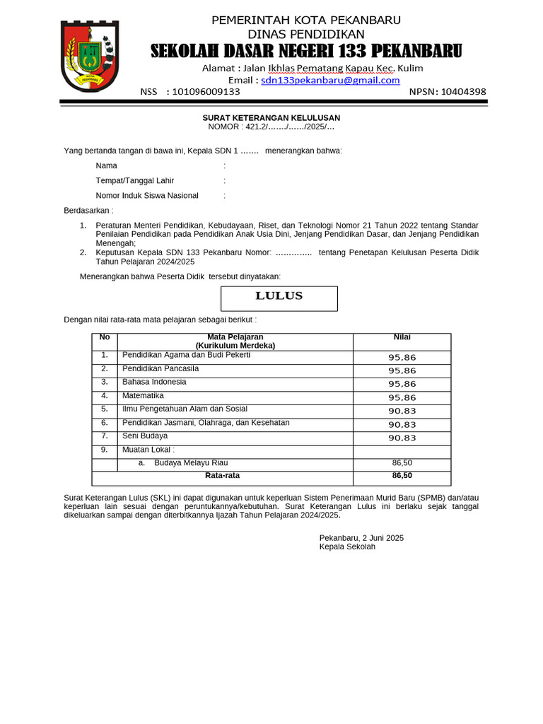 Surat Keterangan Lulus SD 2025 | PDF