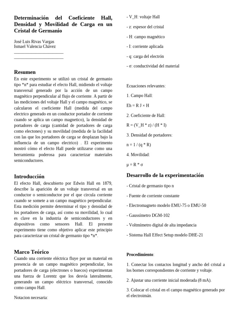 Reporte de Efecto Hall | PDF | Corriente eléctrica | Semiconductores