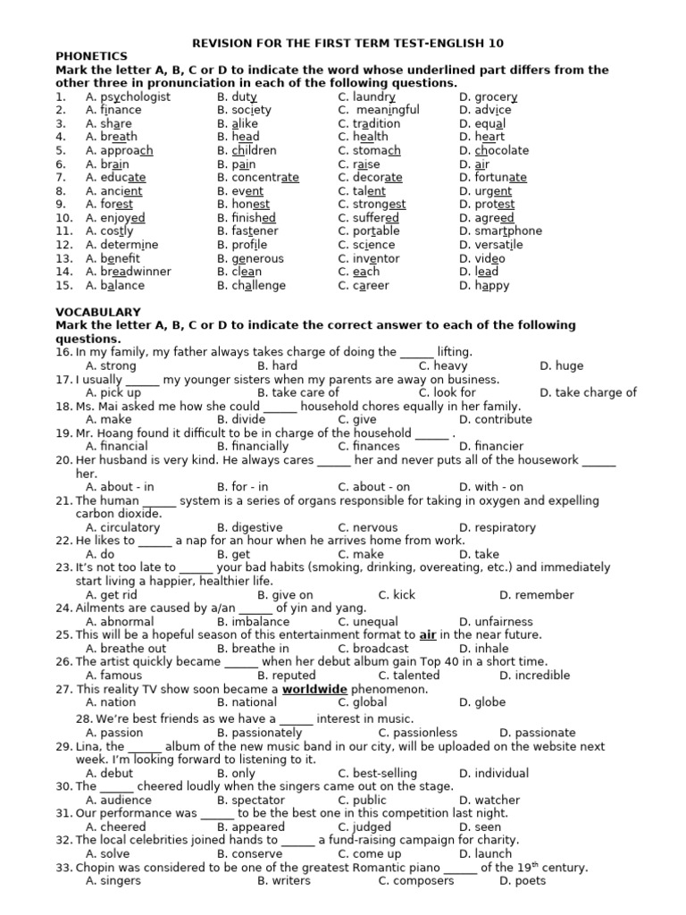 Revision For The First Term Test - English 10 Ddaf960319 | PDF
