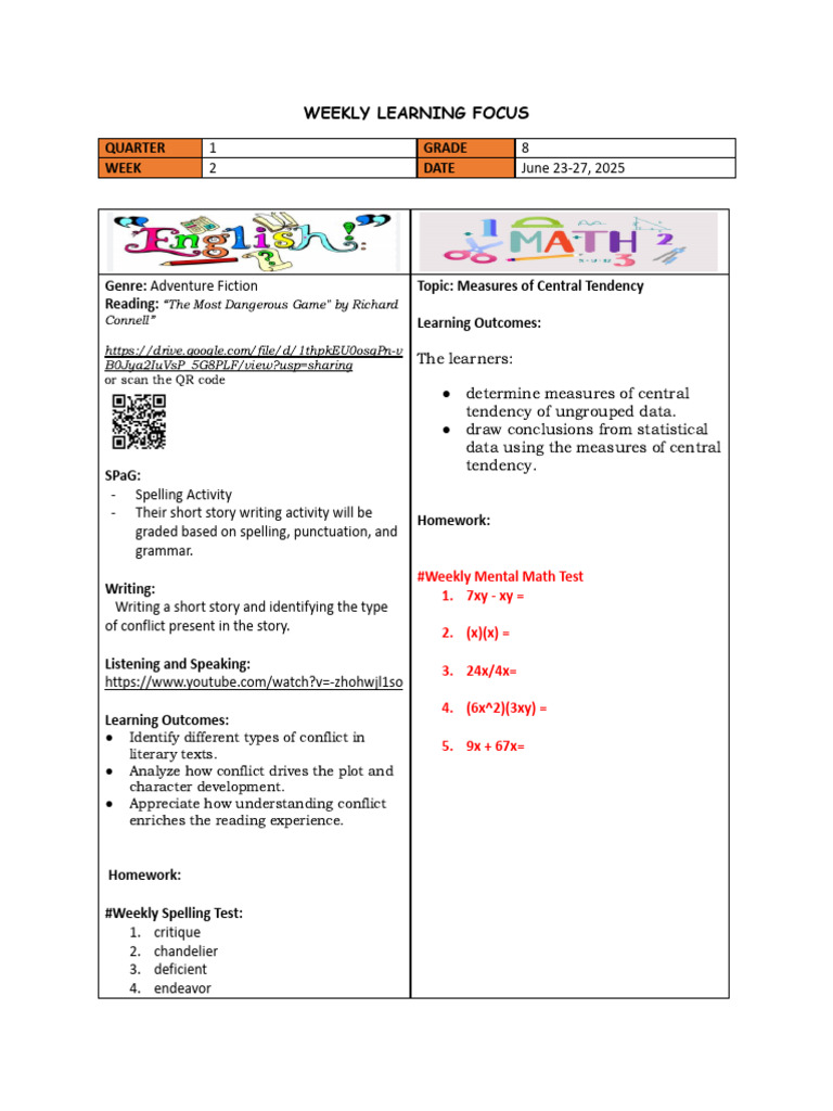 Grade 8 Weekly Learning Focus: Week 2 | PDF