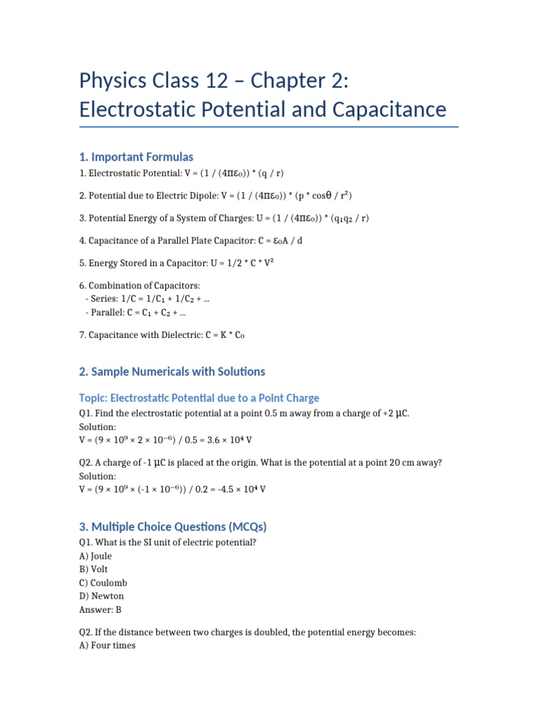 Physics Chapter 2 Electrostatics | PDF