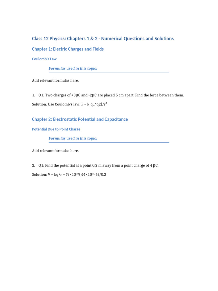 Class12 Physics Ch1 Ch2 Numericals | PDF