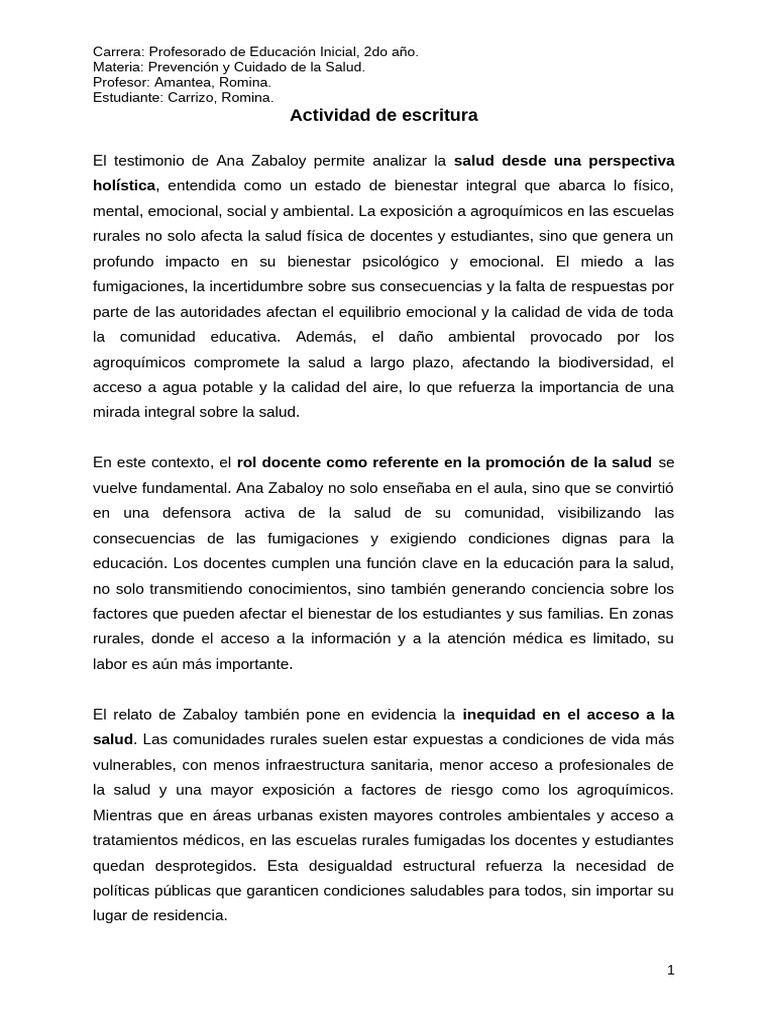 Actividad de Escritura - Prevención y Cuidado de La Salud. | PDF ...