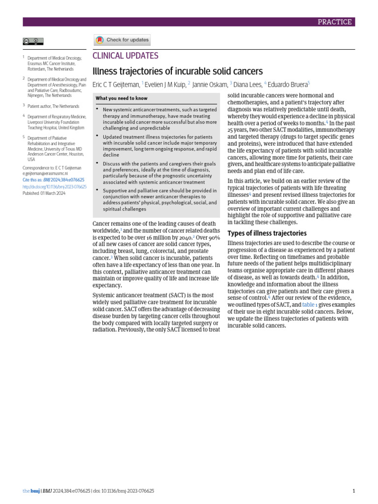 Illness Trajectories of Incurable Solid Cancers (BMJ, 2024) | PDF ...