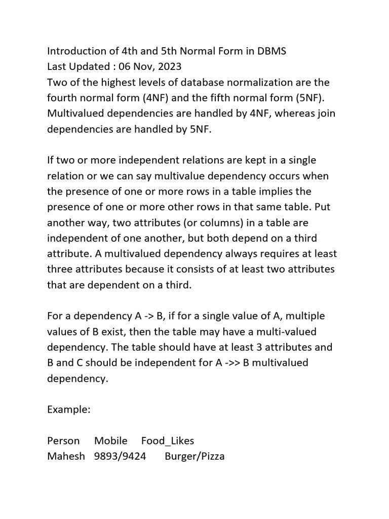 Introduction of 4th and 5th Normal Form in DBMS | PDF | Data Model ...