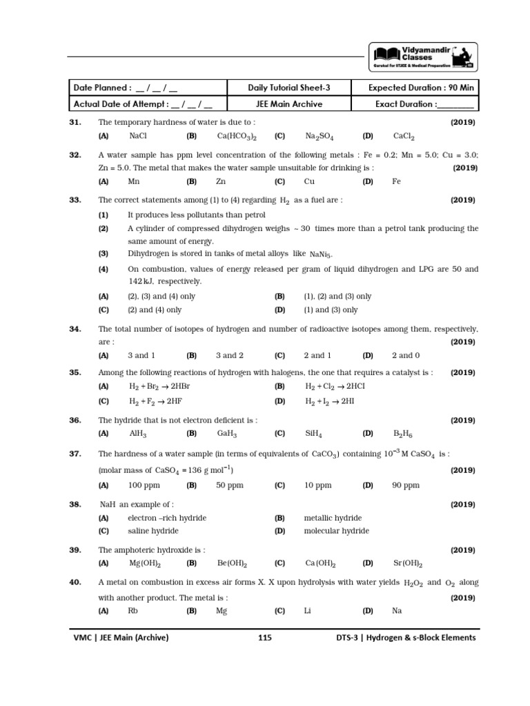 S-Block and Hydrogen JEE Main Archive DTS-3 | PDF | Sodium | Nitrate