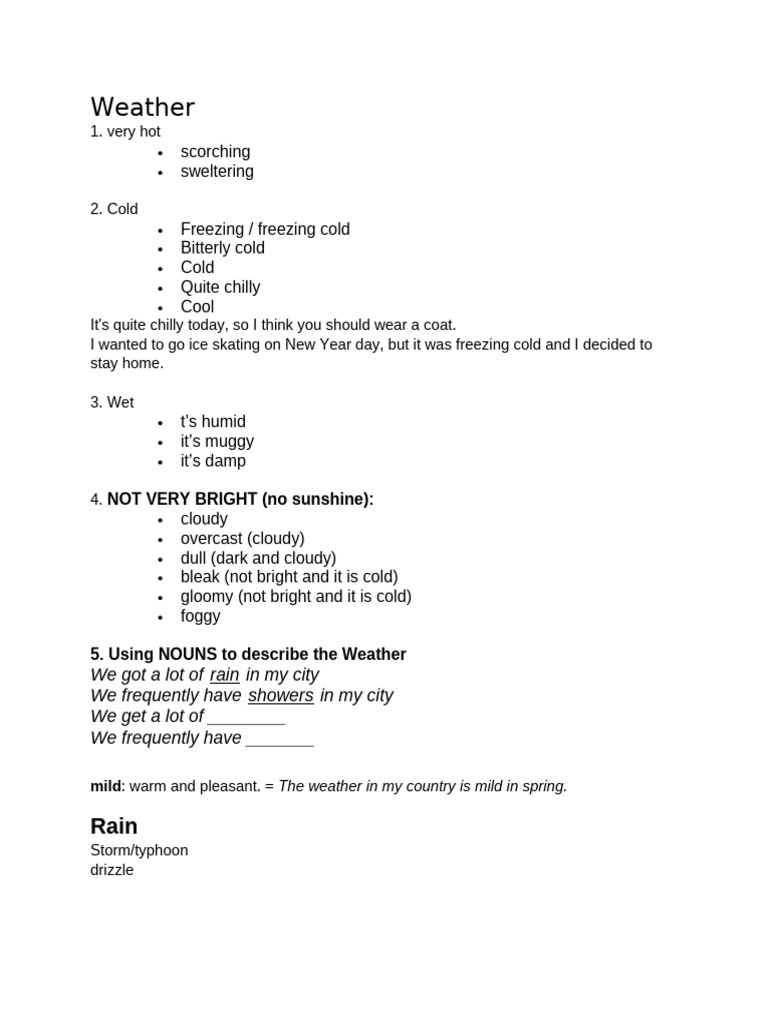 Weather Vocabulary for Class 5 | PDF