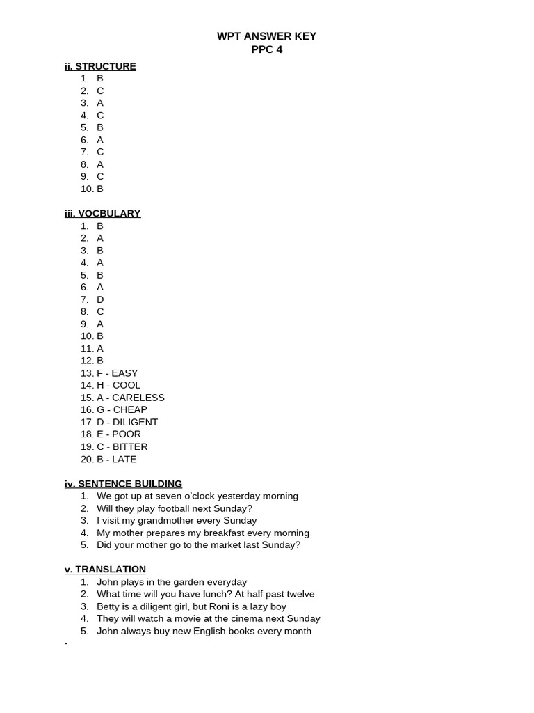 WPT Answer Key - PPC 4 | PDF