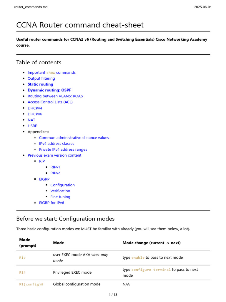 CCNA Router Commands Cheat Sheet | PDF | Ip Address | I Pv6