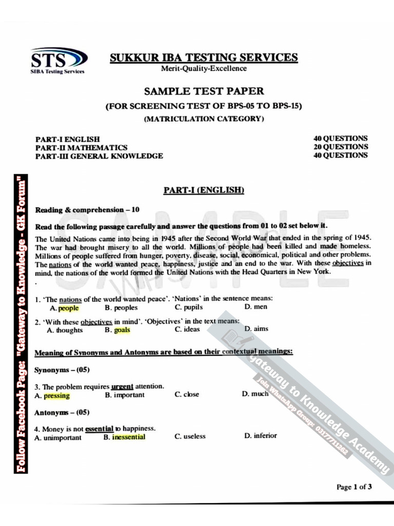 IBA Matric Category Solved Sample Paper | PDF