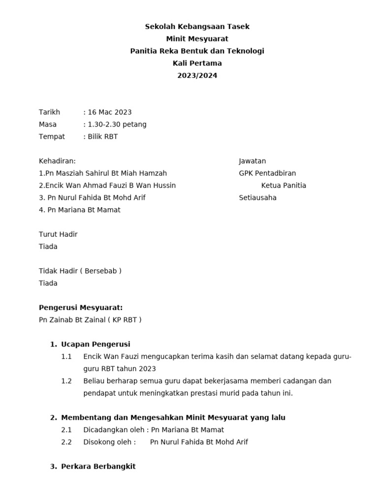 Minit Mesyuarat RBT 1 | PDF