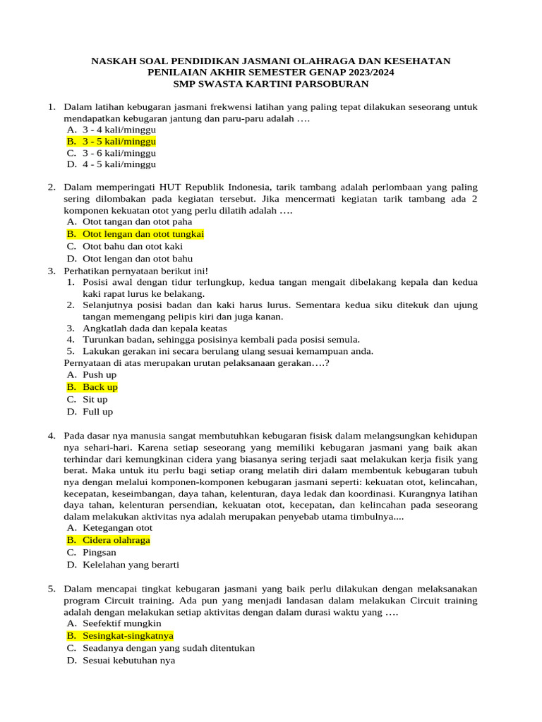 Naskah Soal UAS Genap 2024-2025 PJOK Kelas 8 Pak Zen | PDF