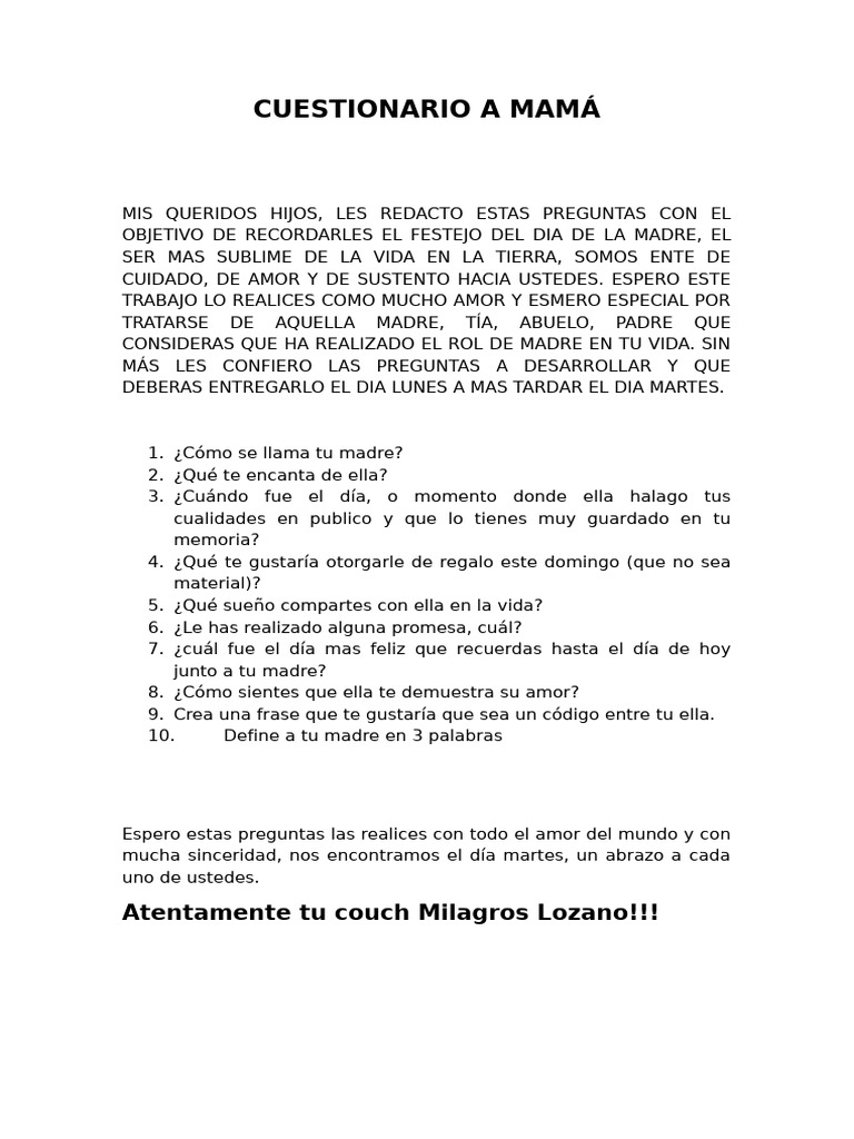 Cuestionario A Mamá | PDF