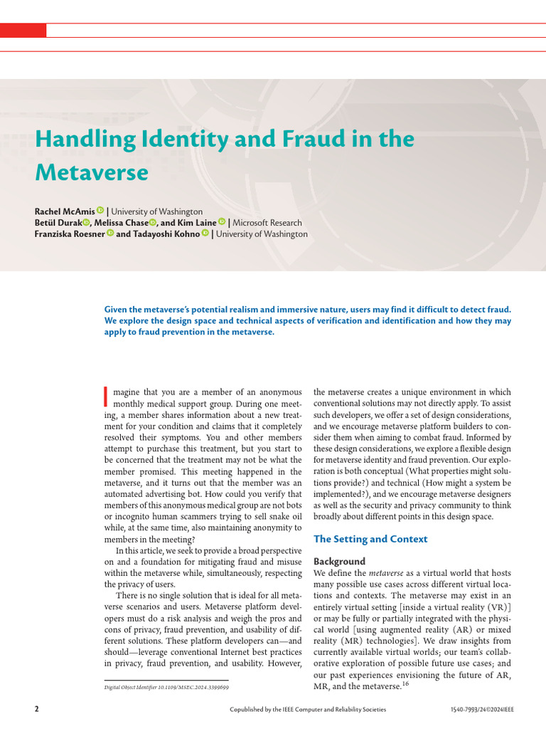 Handling Identity and Fraud in The Metaverse | PDF | Privacy | Virtual ...
