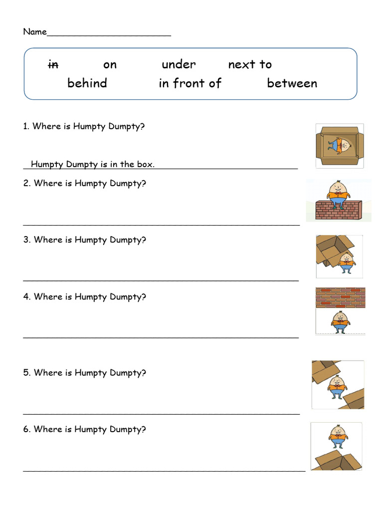 Humpty Dumpty Preposition Guided Worksheet | PDF