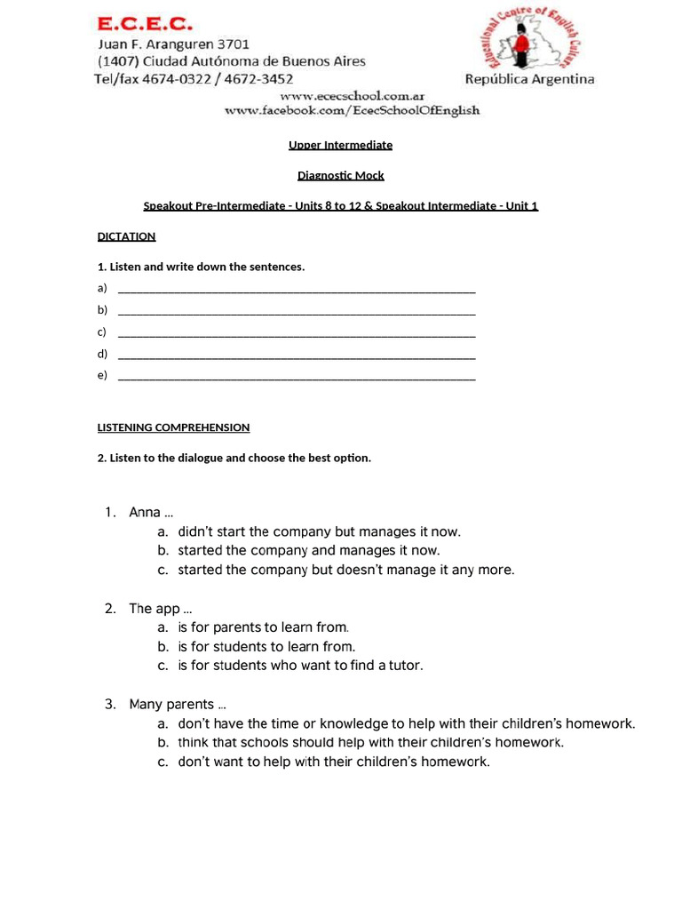 Upper Intermediate Diagnostic Mock Test | PDF