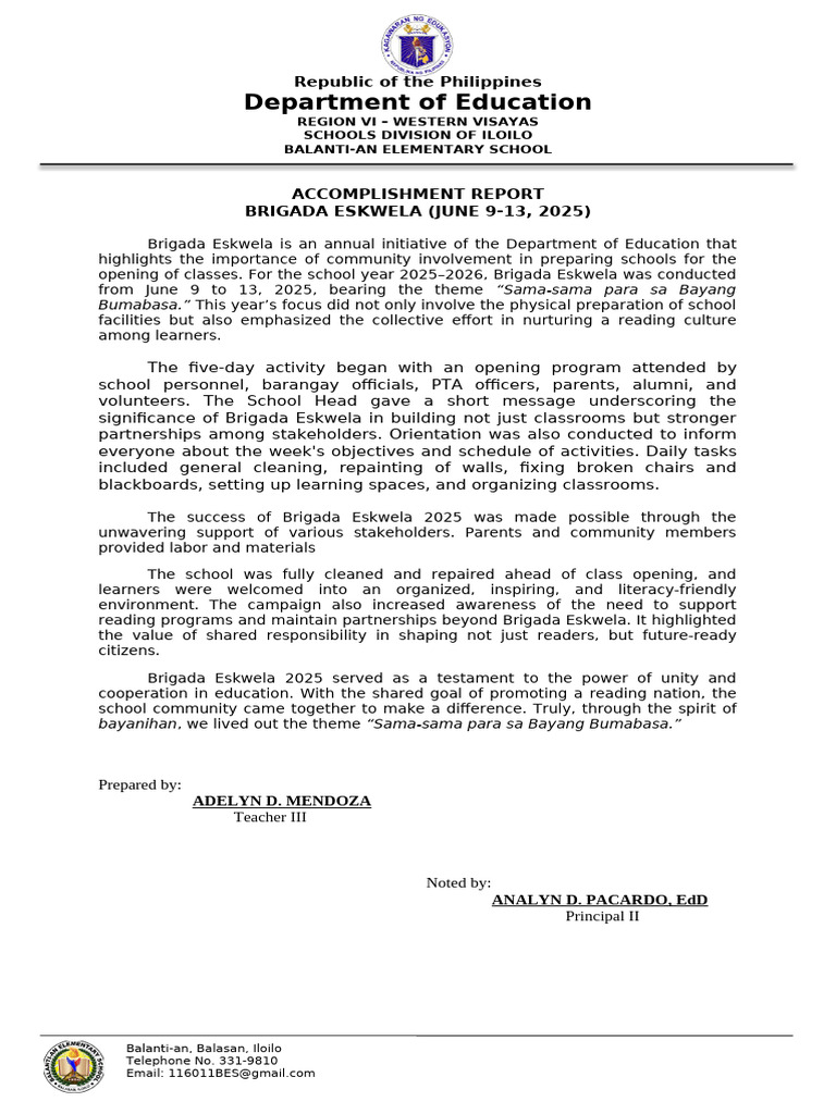 Accomplishment Report Brigada Eskwela 2025 | PDF | Behavior Modification | Learning
