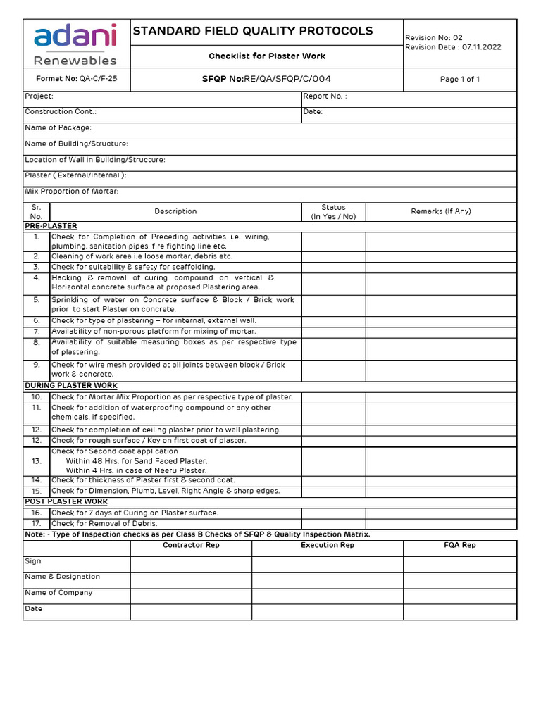 25 Check List For Plaster Work Rev 02 | PDF | Plaster | Concrete