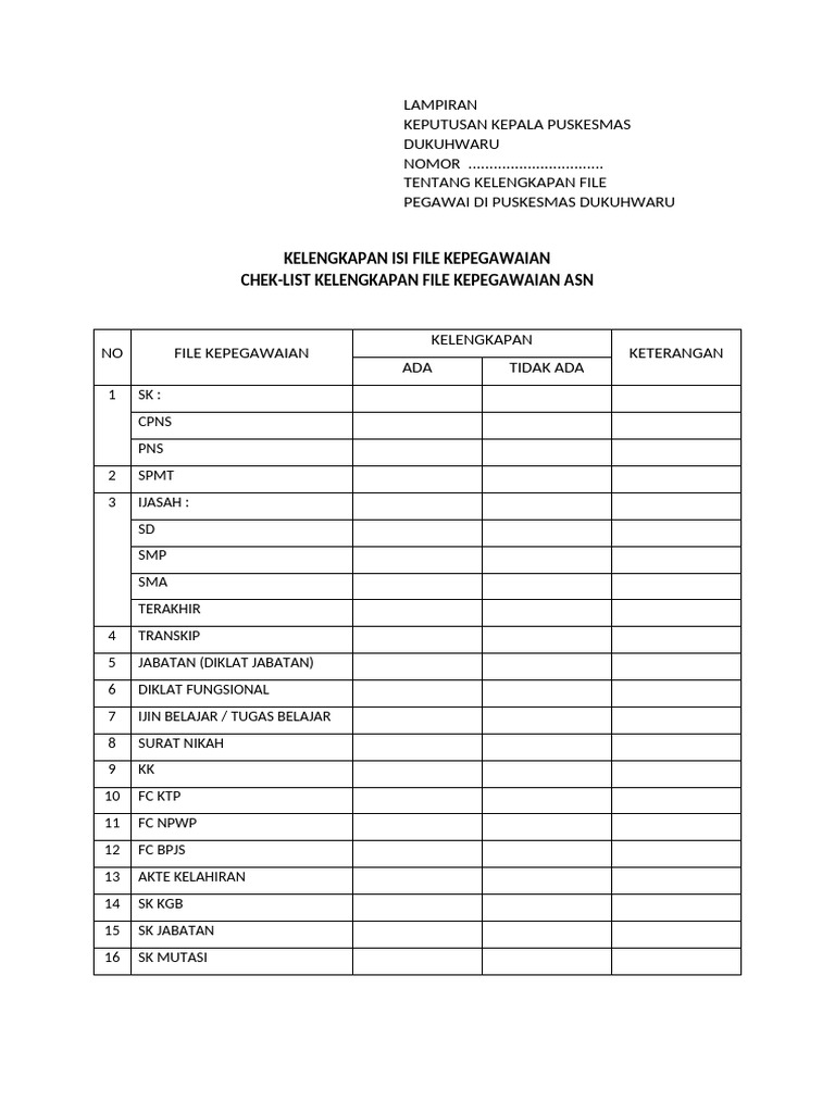 Cheklist File Kepegawaian Asn | PDF