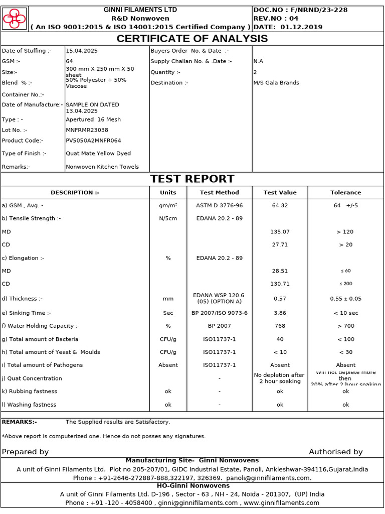 Quat Mate Yellow Dyed Kitchen Roll Test Result | PDF | Mechanical ...