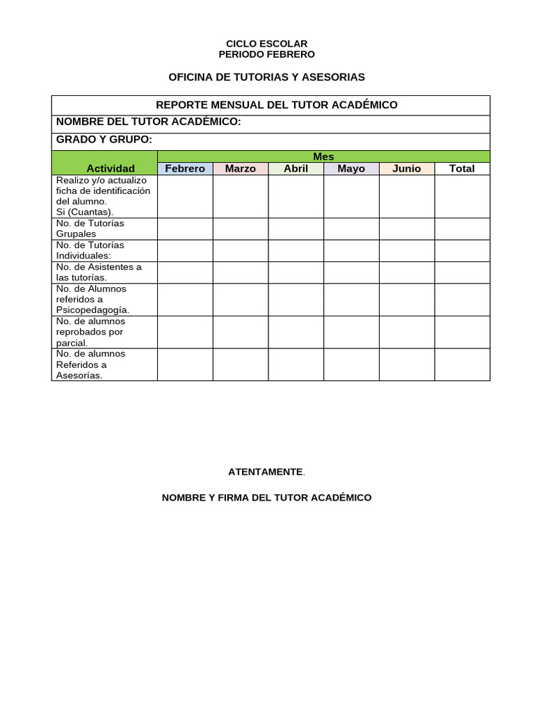 Formato - Reporte de Actividades Del Tutor | PDF