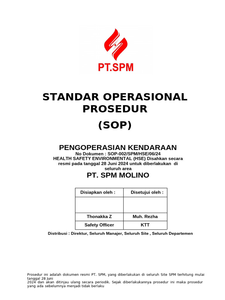 SOP-SHE-SPM-002 Keselamatan Dan Pengoperasian Kendaraan | PDF