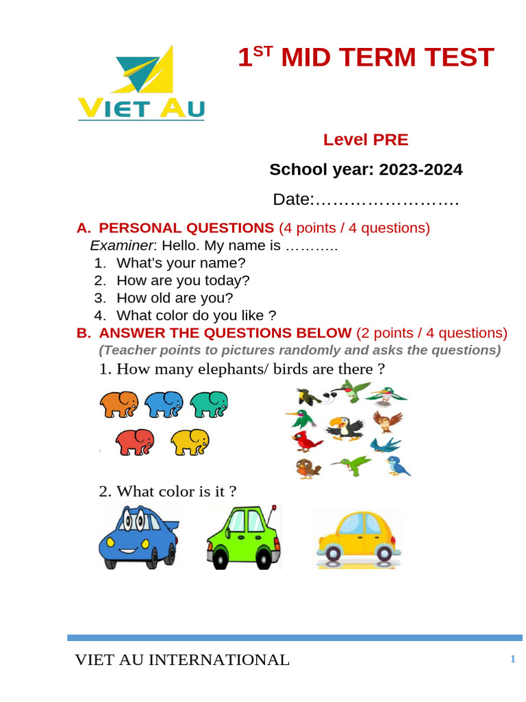 Pre Mid-Term Test for Level PRE | PDF