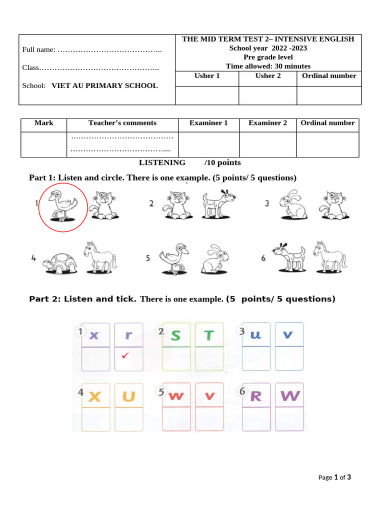 Mid Term English Test for Pre Grade Level | PDF