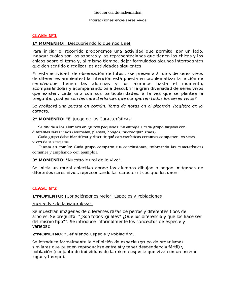 Secuencia de Actividades de Naturales Interacciones Entre Los Seres ...