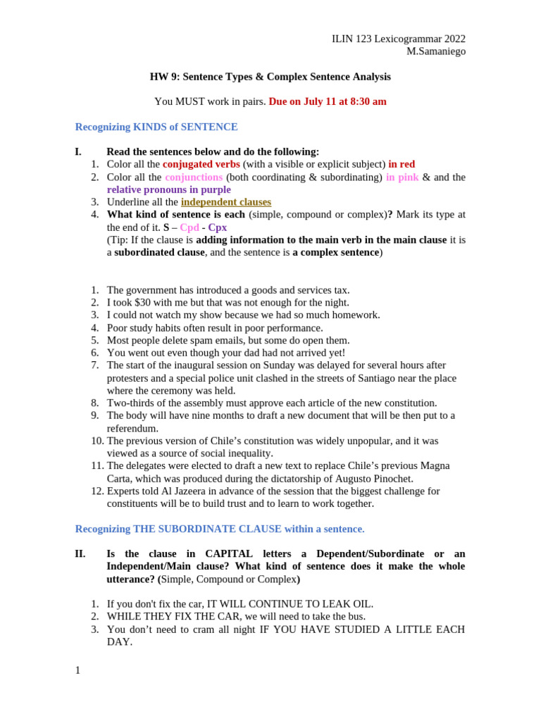 HW9 - Sentence Type Complex Sentence Analysis | PDF | Clause | Sentence ...