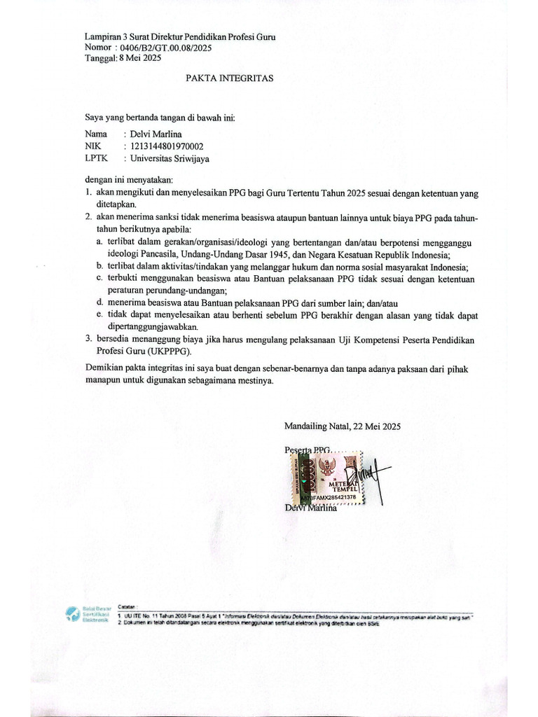 Pakta Integritas - Delvi Marlina | PDF