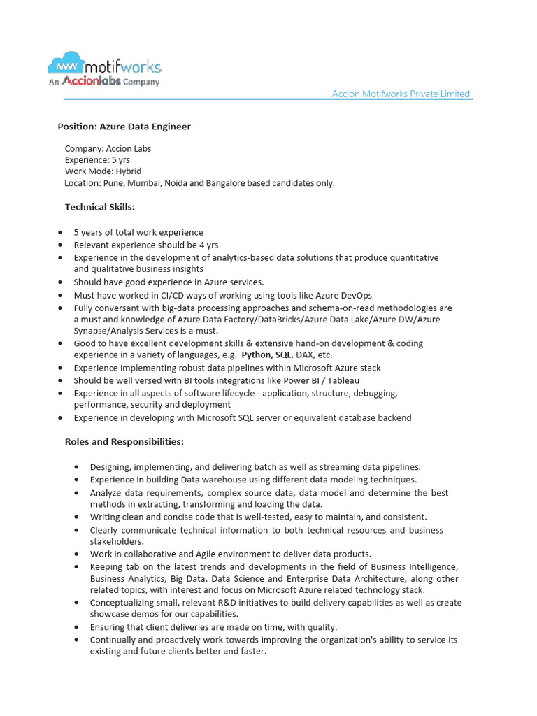 Azure Data Engineer Position at Motifworks | PDF | Microsoft Azure | Data