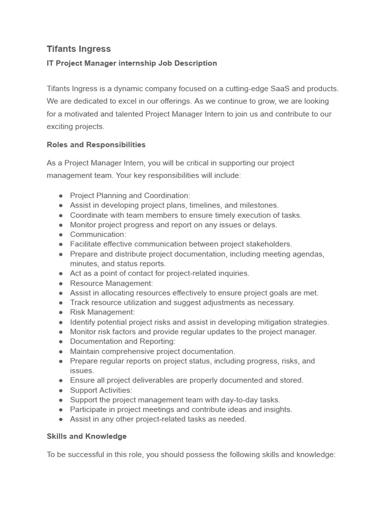 IT Project Manager Internship Job Description | PDF | Project ...