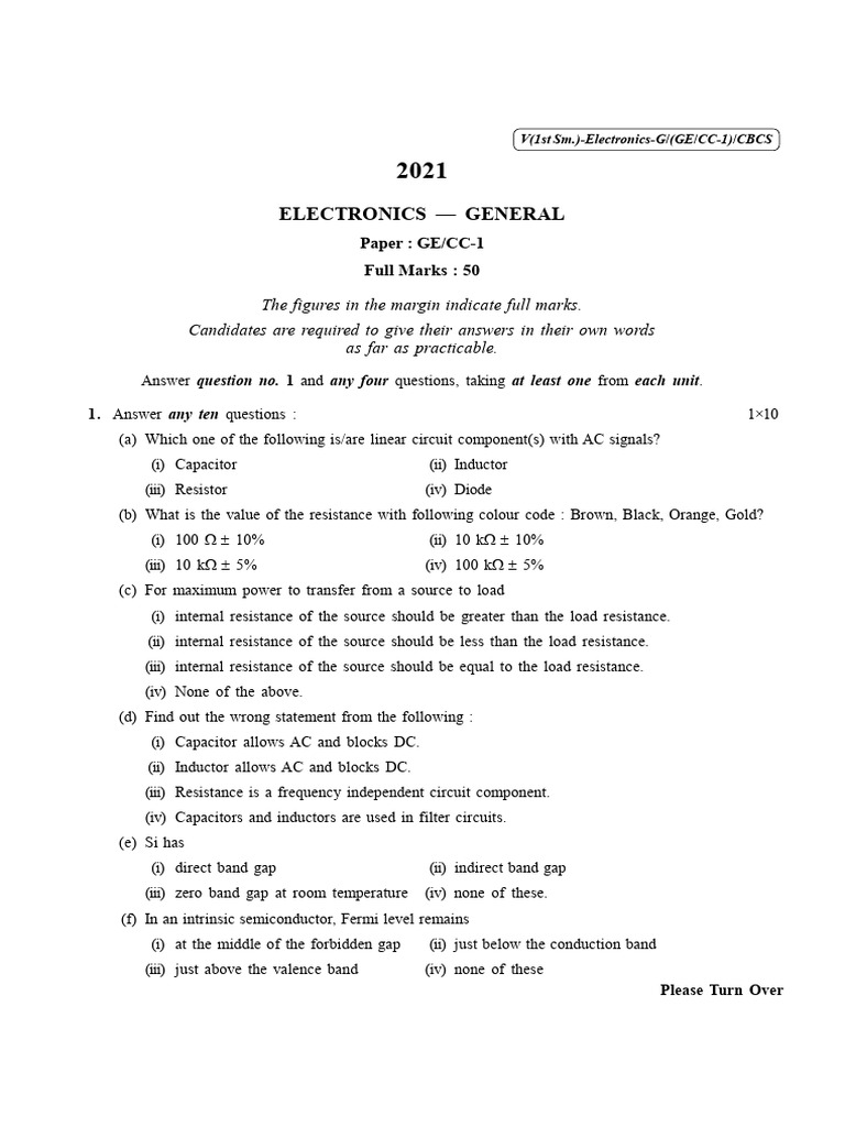 2021 Eelctronics GEneral Questoin Paper CU | PDF | P–N Junction ...