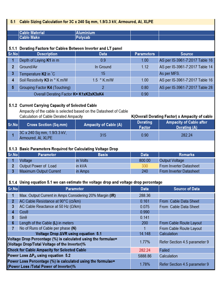 LT Cable Sizing Calculation - 240sqmm | PDF | Alternating Current ...