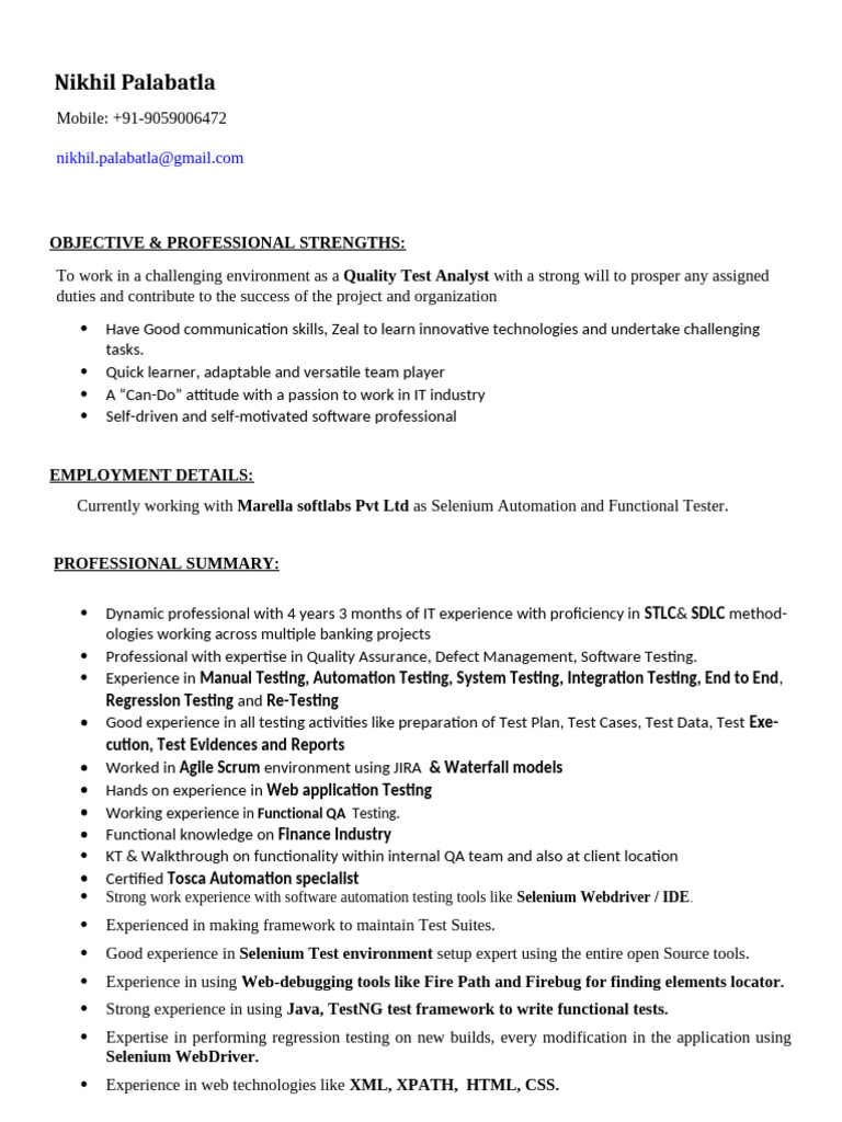 Nikhil Test Analyst - Resume | PDF | Selenium (Software) | Software ...