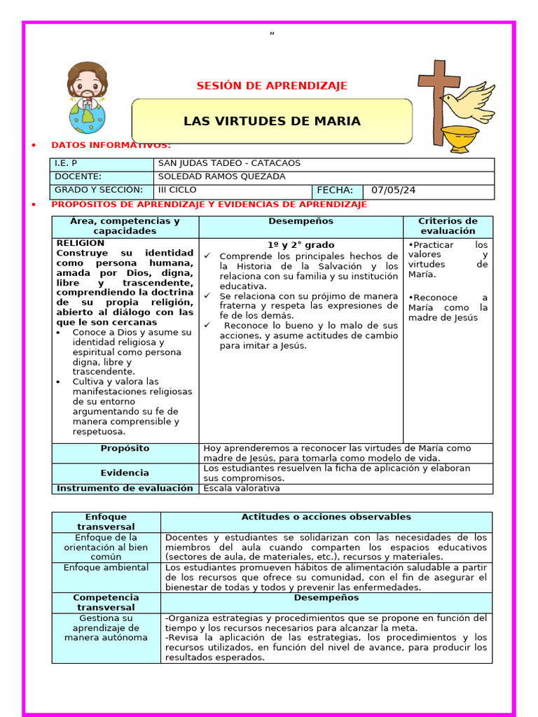 Sesion d2 Religion Las Virtudes de Maria Maestras de Primaria Del Peru | PDF | María, madre de ...