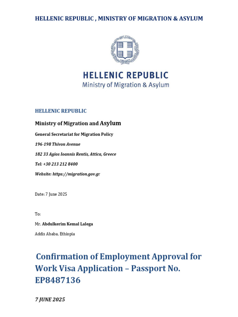 Greece Work Visa Approval Confirmation | PDF | Travel Visa | Ethiopia