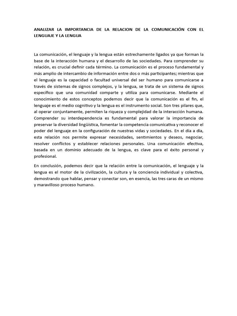 Analizar La Importancia De La Relacion De La Comunicación Con El