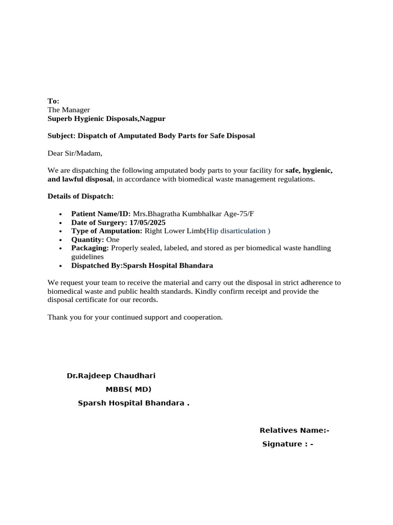 Amputated Parts Dispatch for Disposal | PDF