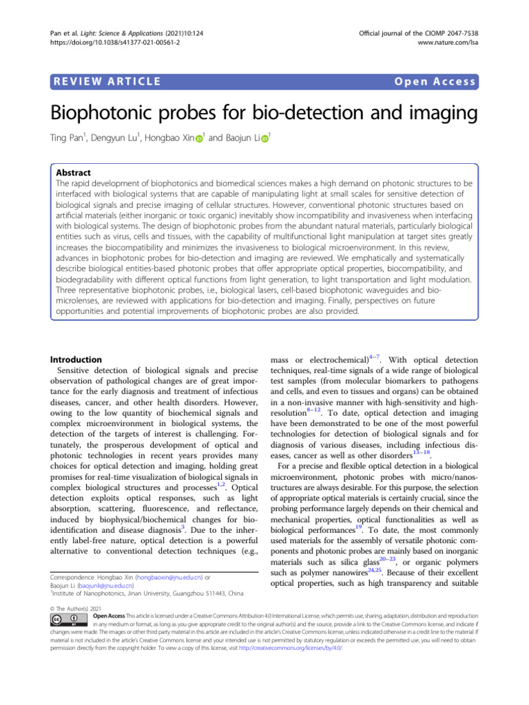Biophotonic Probes For Bio-Detection and Imaging: Reviewarticle Openaccess | PDF | Laser | Green ...