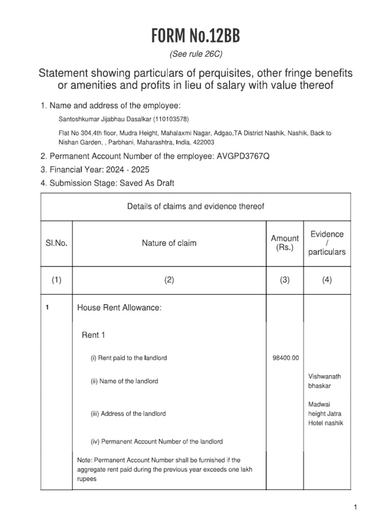 Form No 12BB | PDF