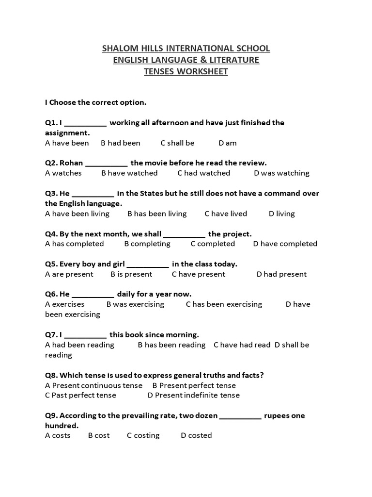 Tenses Worksheet for Class 3 | PDF