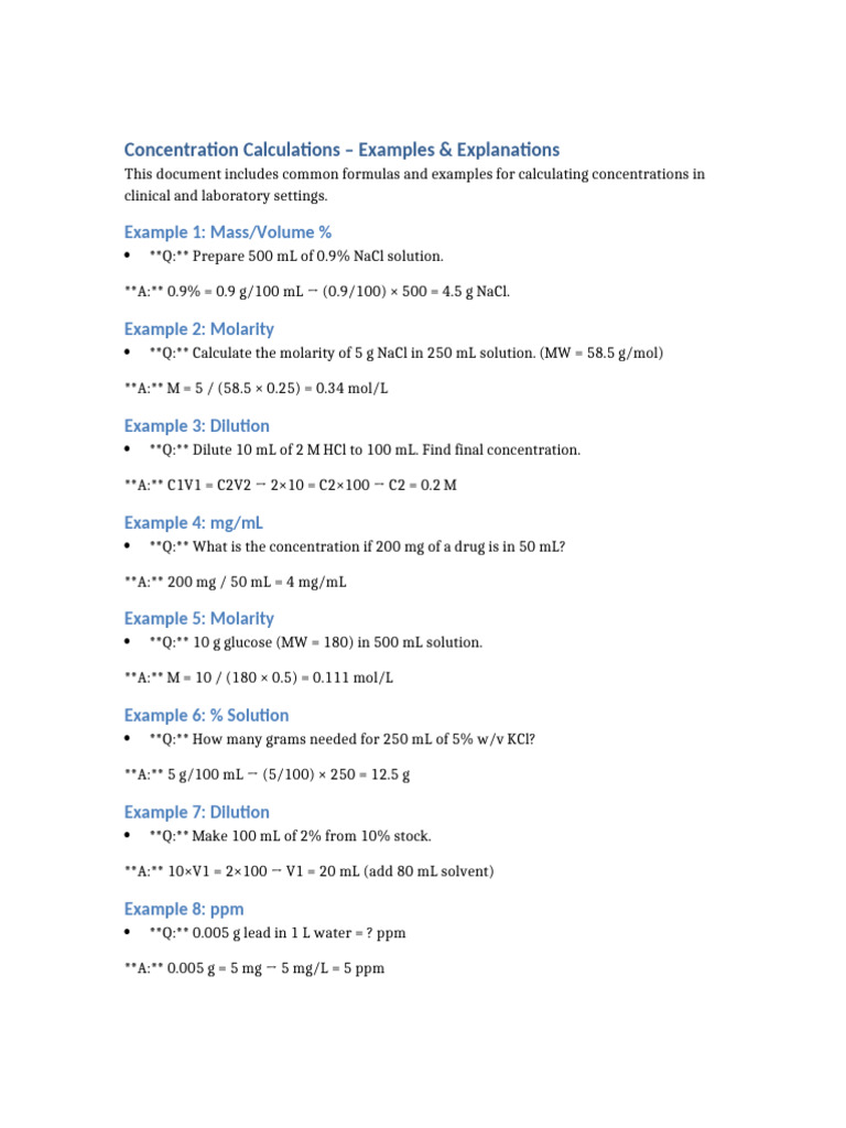 Concentration Calculation Examples | PDF