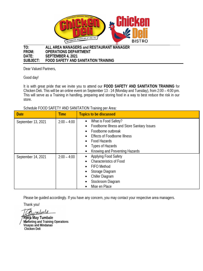 Memo - Food Safety and Sanitation Training | PDF