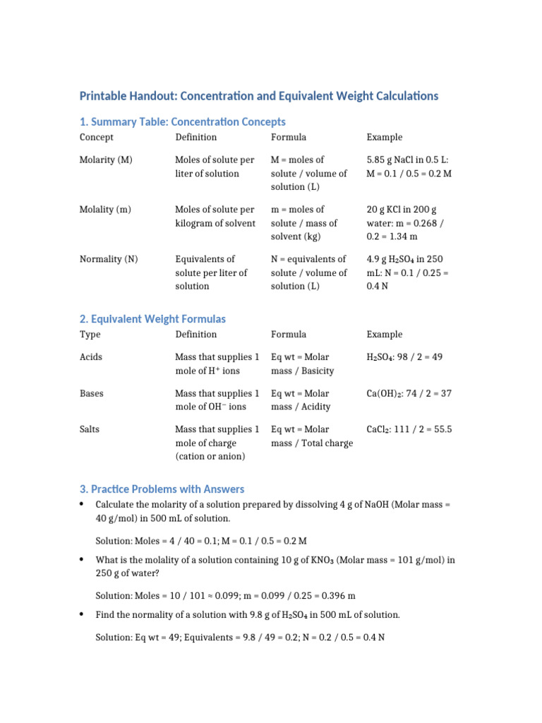 Concentration and Equivalent Weight Guide | PDF | Mole (Unit ...