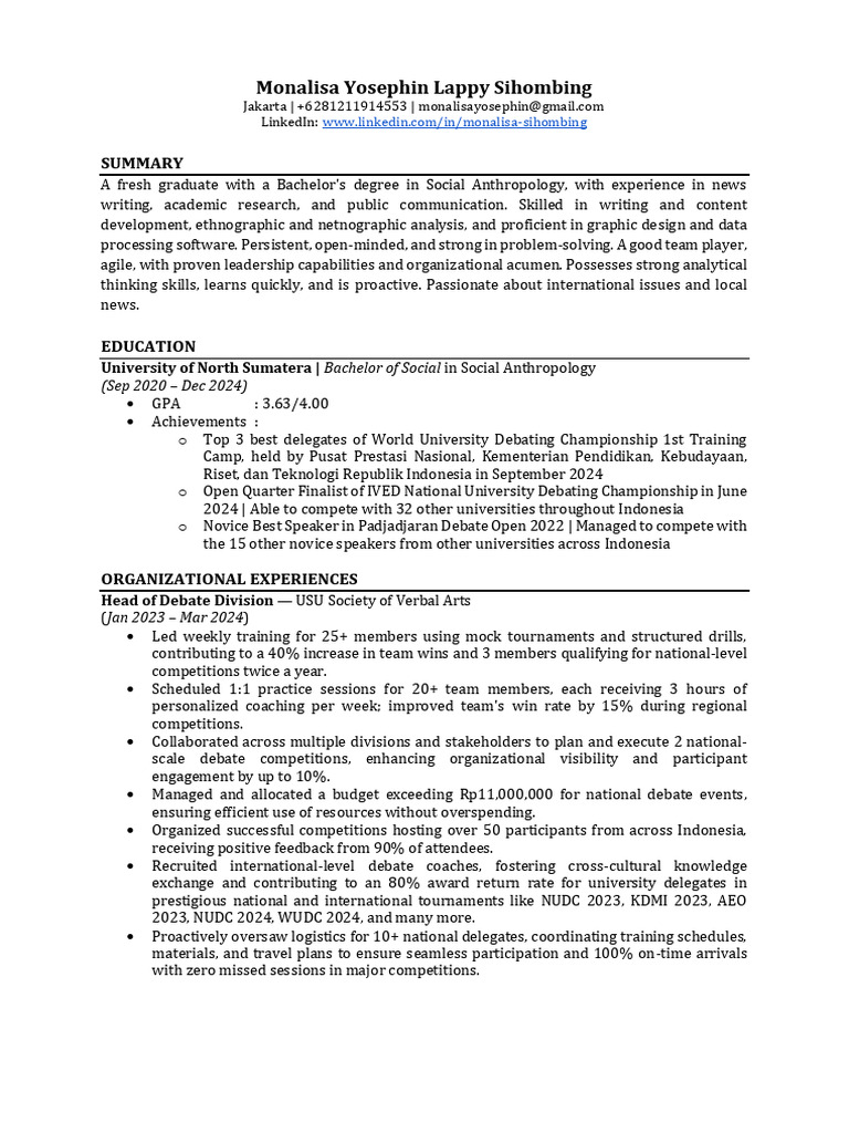 CV Monalisa Yosephin - Sampoerna Graduate Trainee | PDF | Communication ...