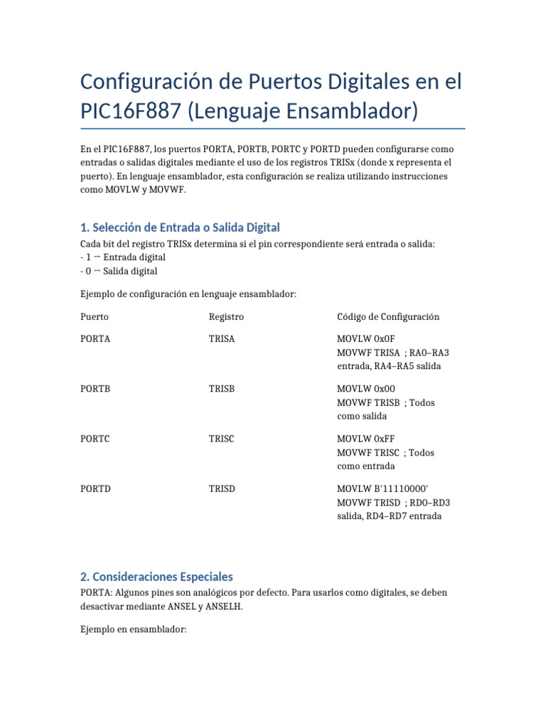 Configuracion Puertos PIC16F887 Ensamblador | PDF