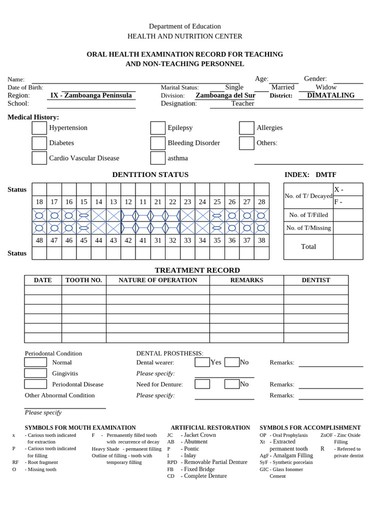 Oral Health Exam Record for Teachers | PDF | Dentistry | Periodontology